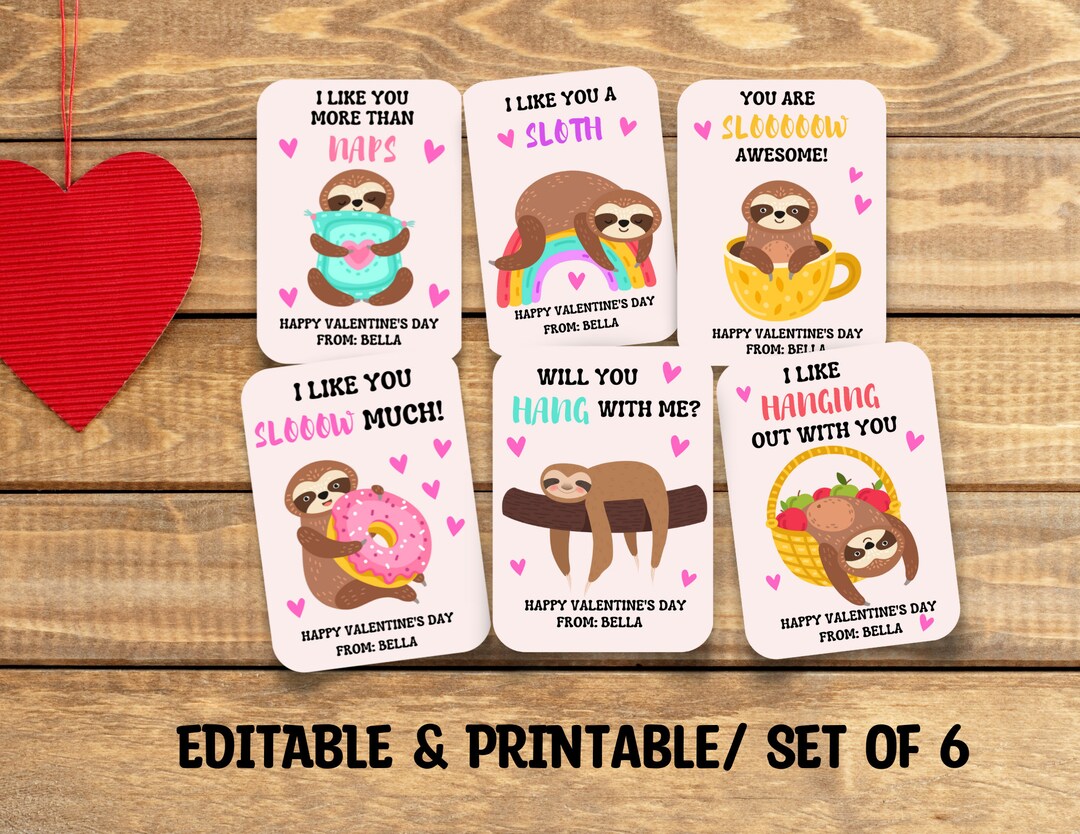 Printable Sloth Valentine's Day Cards, Valentines Card for Kids, Sloth ...