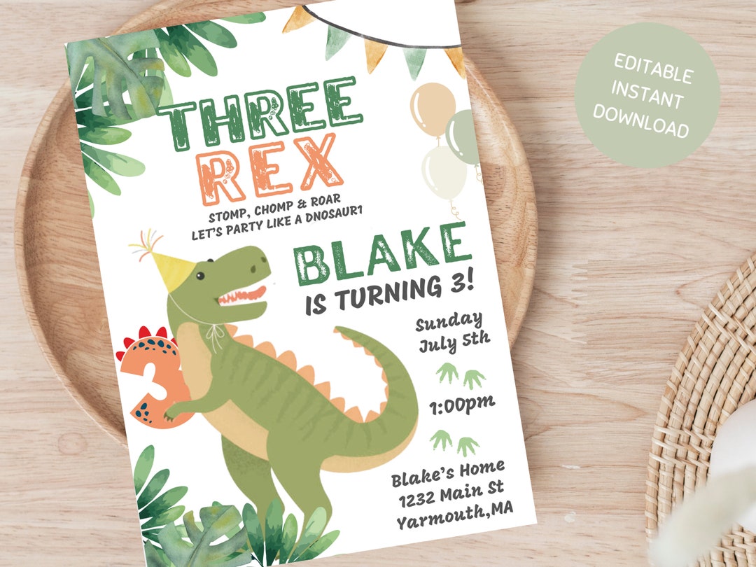 Editable Three Rex Invitation Boy, Dinosaur Birthday Invitation,three ...