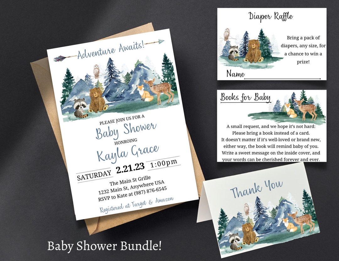 Editable Adventure Awaits Baby Shower Invitation Set Woodland Animals ...