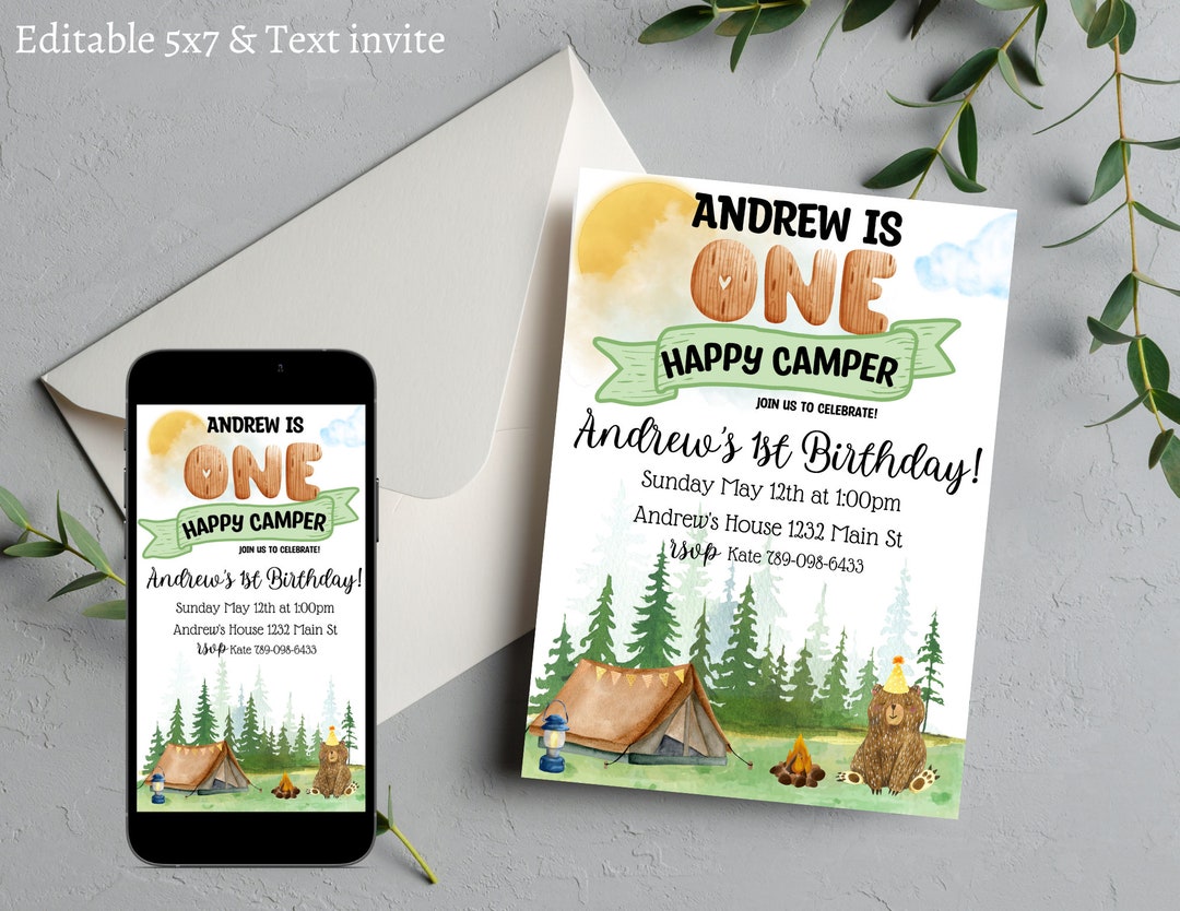 Editable Happy Camper Invitation, One Happy Camper Birthday Invitation ...