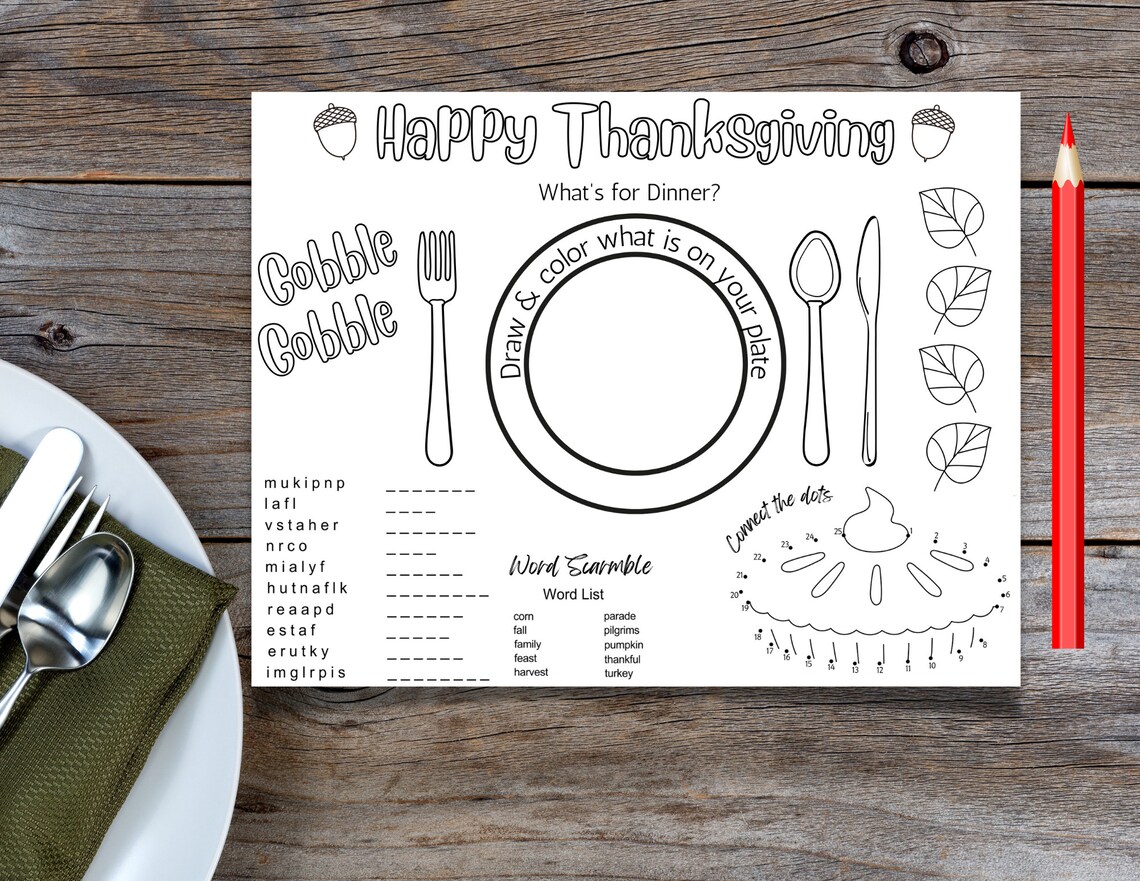 Thanksgiving Coloring Sheet PRINTABLE Placemat dinner Table - Etsy