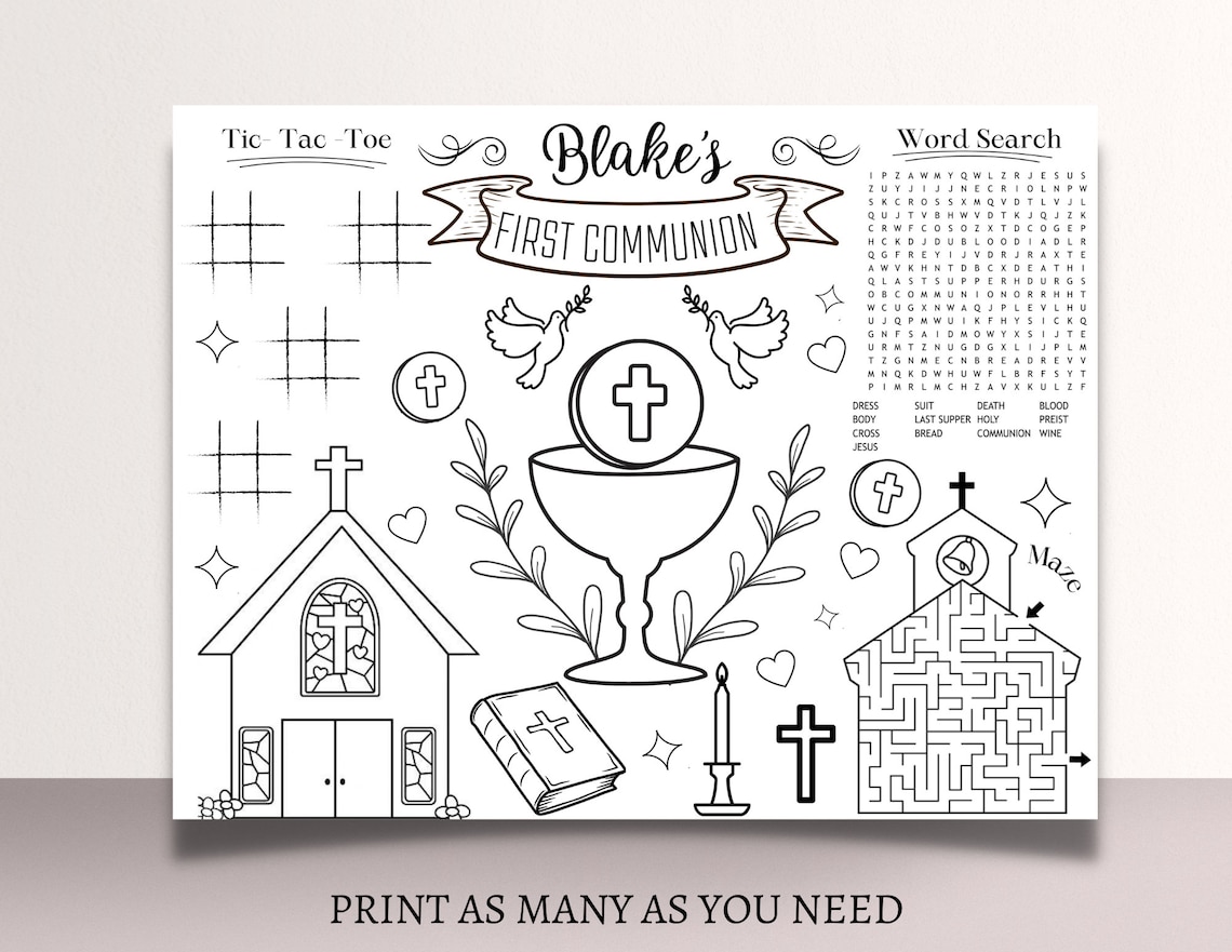 PRINTABLE First Communion Coloring Placemat, Digital File, Printable ...