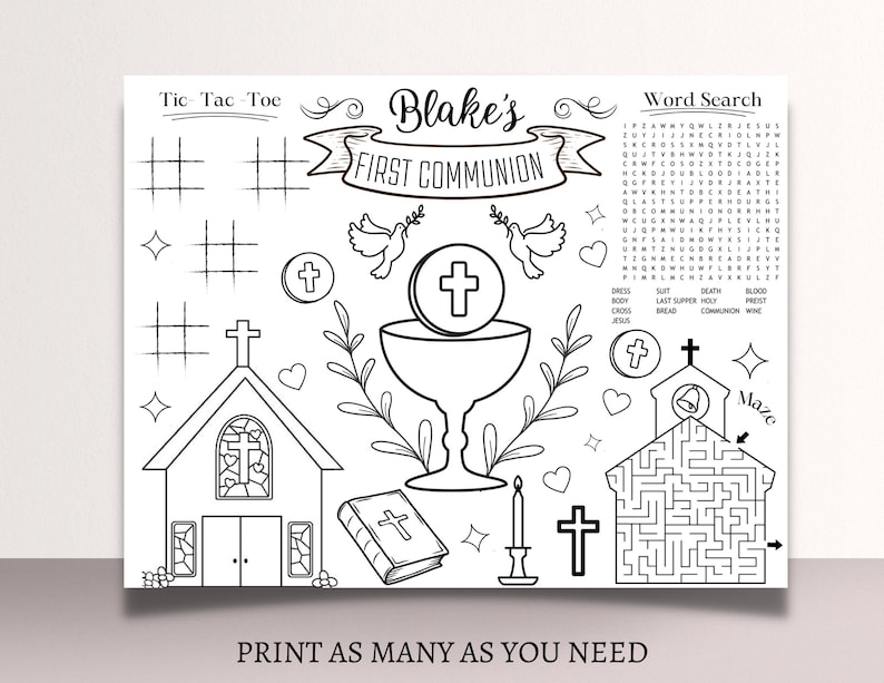 PRINTABLE First Communion Coloring Placemat, Digital File, Printable ...