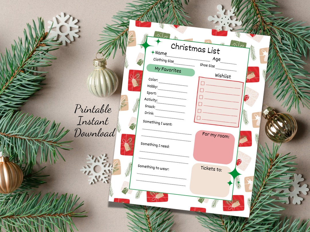 Kids Christmas Wish List, Printable Gift Wish List, Children's X-mas ...