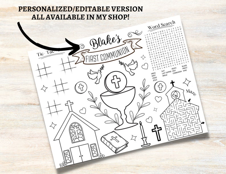 First Communion Coloring Placemat, Personalized, Digital File ...