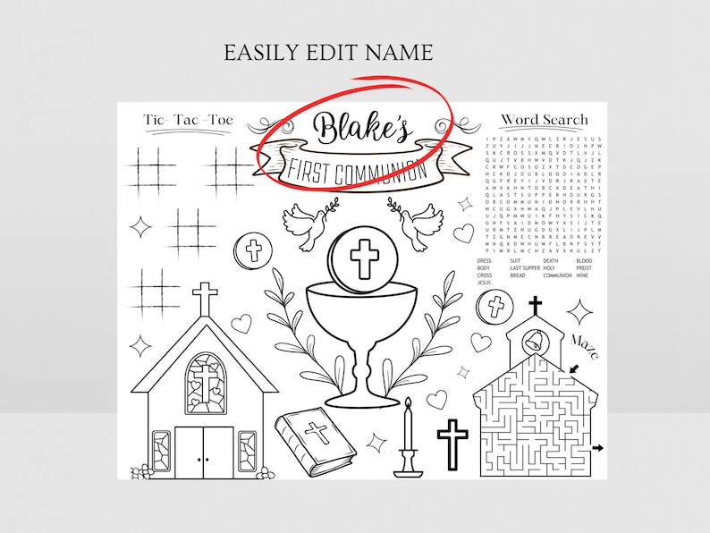PRINTABLE First Communion Coloring Placemat, Digital File, Printable ...