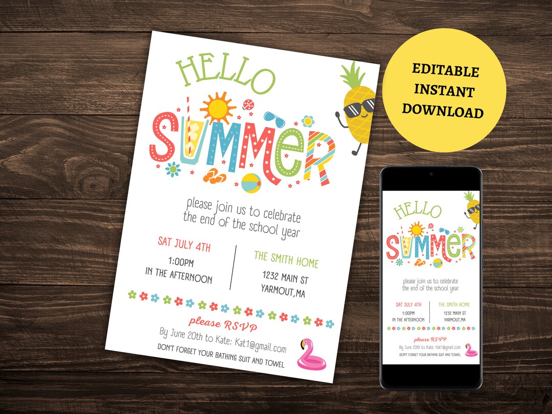 Hello Summer Editable Digital Invitation. End of Year Party. 5 X 7 Inch ...