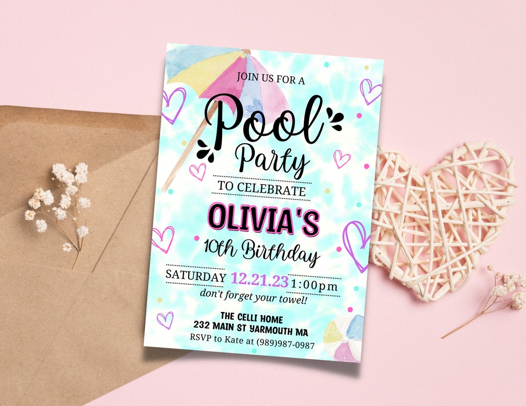 Editable Pool Party Invitation Template Pastel Rainbow Pool Birthday ...