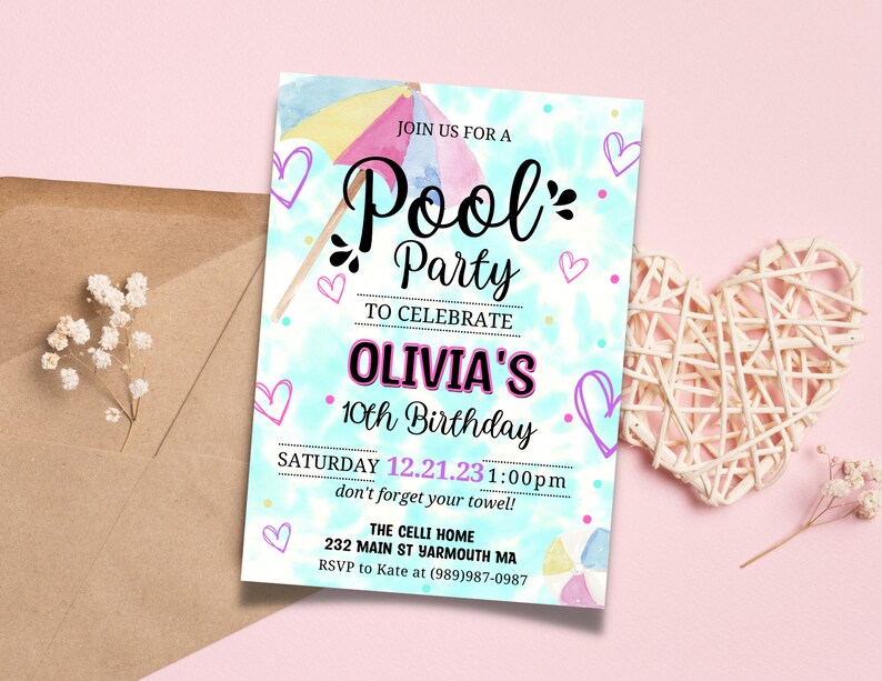 Editable Pool Party Invitation Template Pastel Rainbow Pool Birthday ...