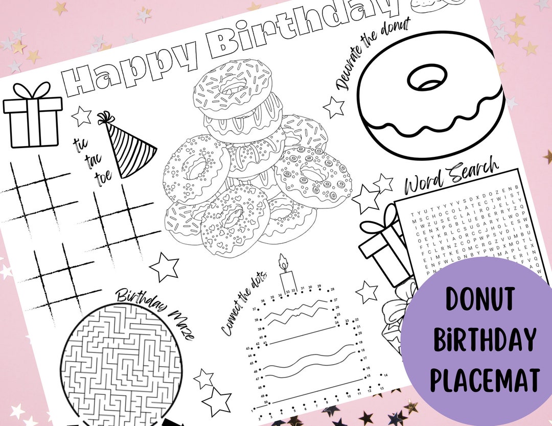 Donut Birthday Party Placemat Activity Sheet,birthday Printable for ...