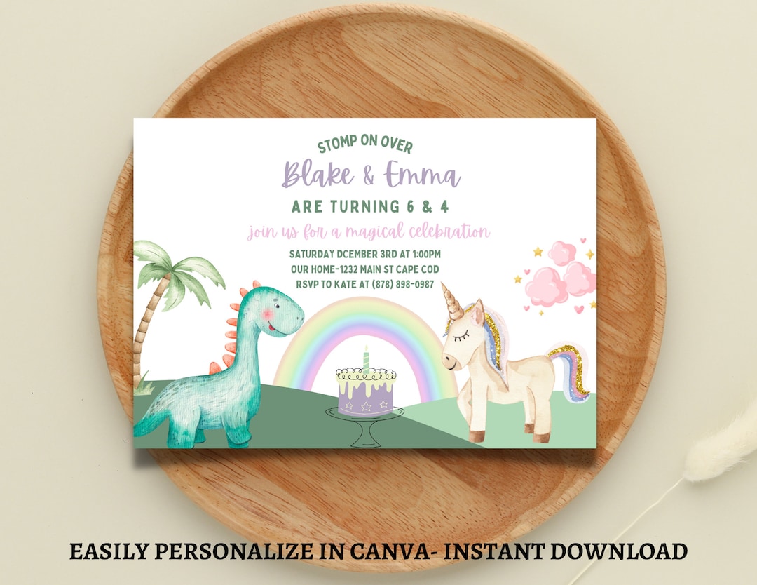 Unicorn and Dinosaur Birthday Invitation, Sibling Birthday, Joint ...
