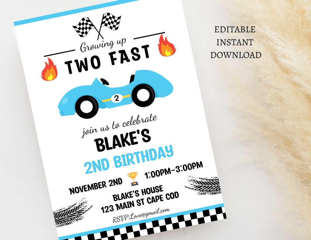 Editable TWO Fast Birthday Invitation Race Car 2nd Birthday Invite ...