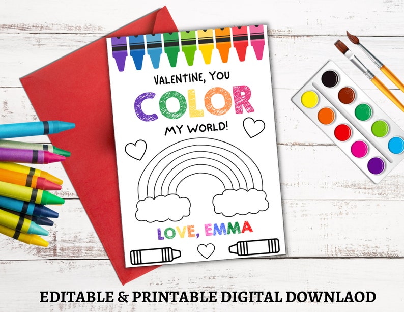 Valentine Cards for Kids PRINTABLE Color My World Valentines - Etsy