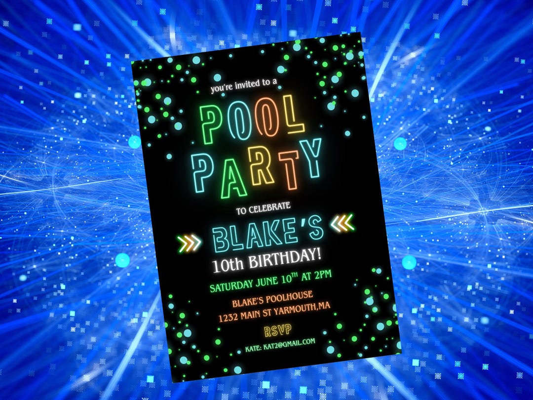 Neon Pool Party Birthday Invitation Boys Blue Green Summer Invite Glow ...
