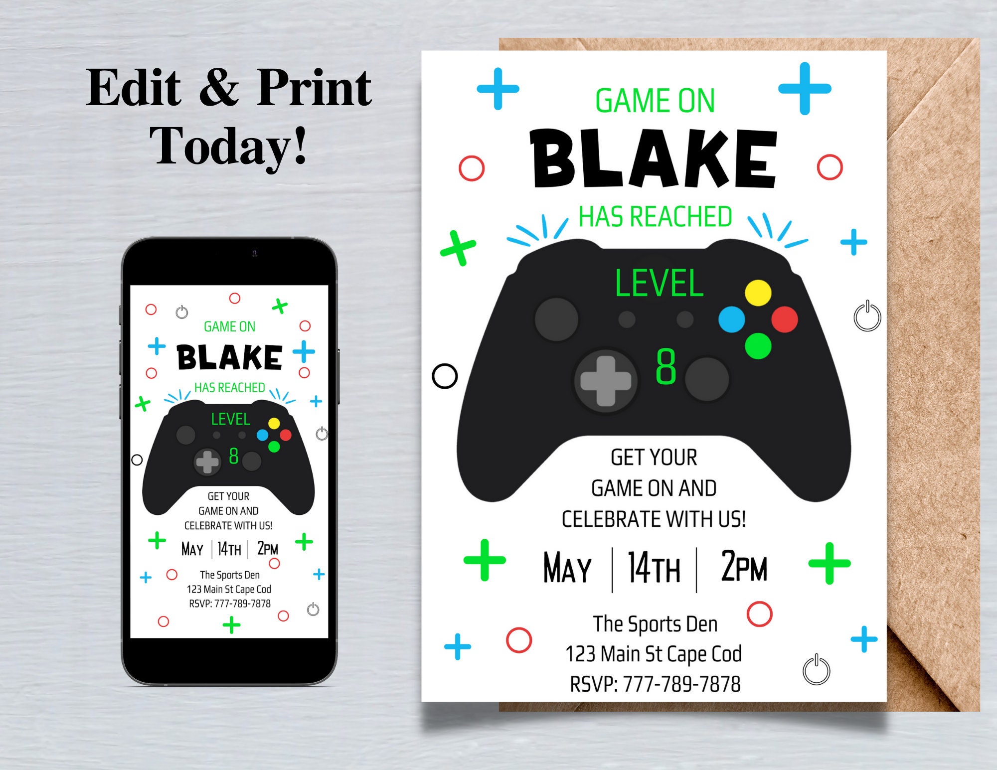 Editable Video Game Birthday Invitation Boy Gamer Birthday Party Neon ...