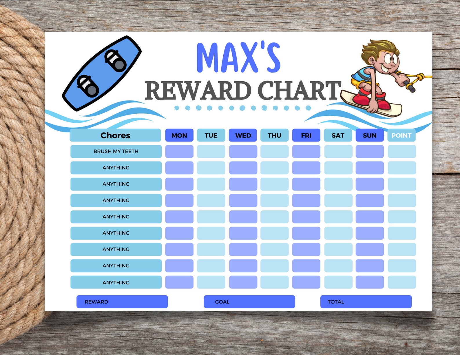EDITABLE Reward Chart, Behavior Chart, Wakeboard Chore Chart, Daily ...