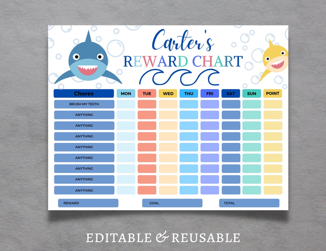 EDITABLE Shark Reward Chart, Kids Behavior Chart, Sharks, Boys Chore ...