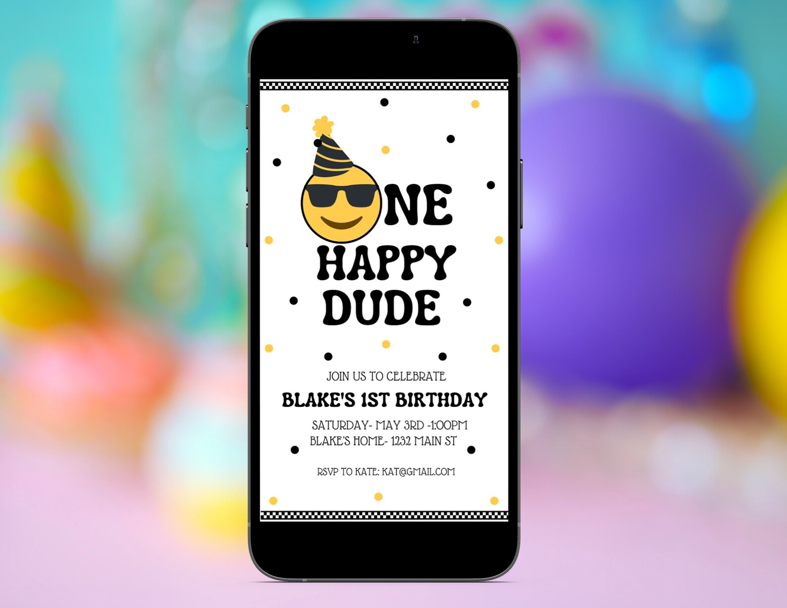 Smiley Face 1st Birthday Text Invitation,editable ONE Happy Dude Boy ...