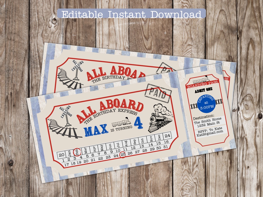 Train Birthday Ticket Invitation, Train Ticket Kids Invite, Blue Boy ...