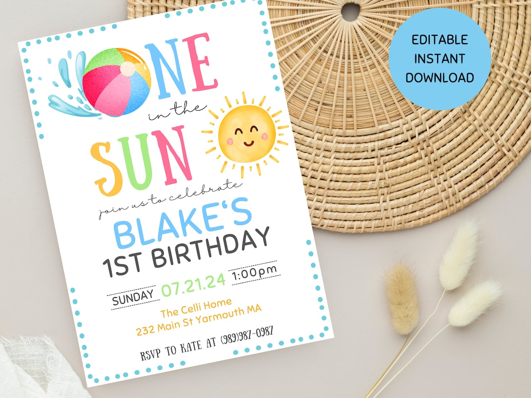 Editable One in the Sun 1st Birthday Party Invitation Beach Ball Summer ...
