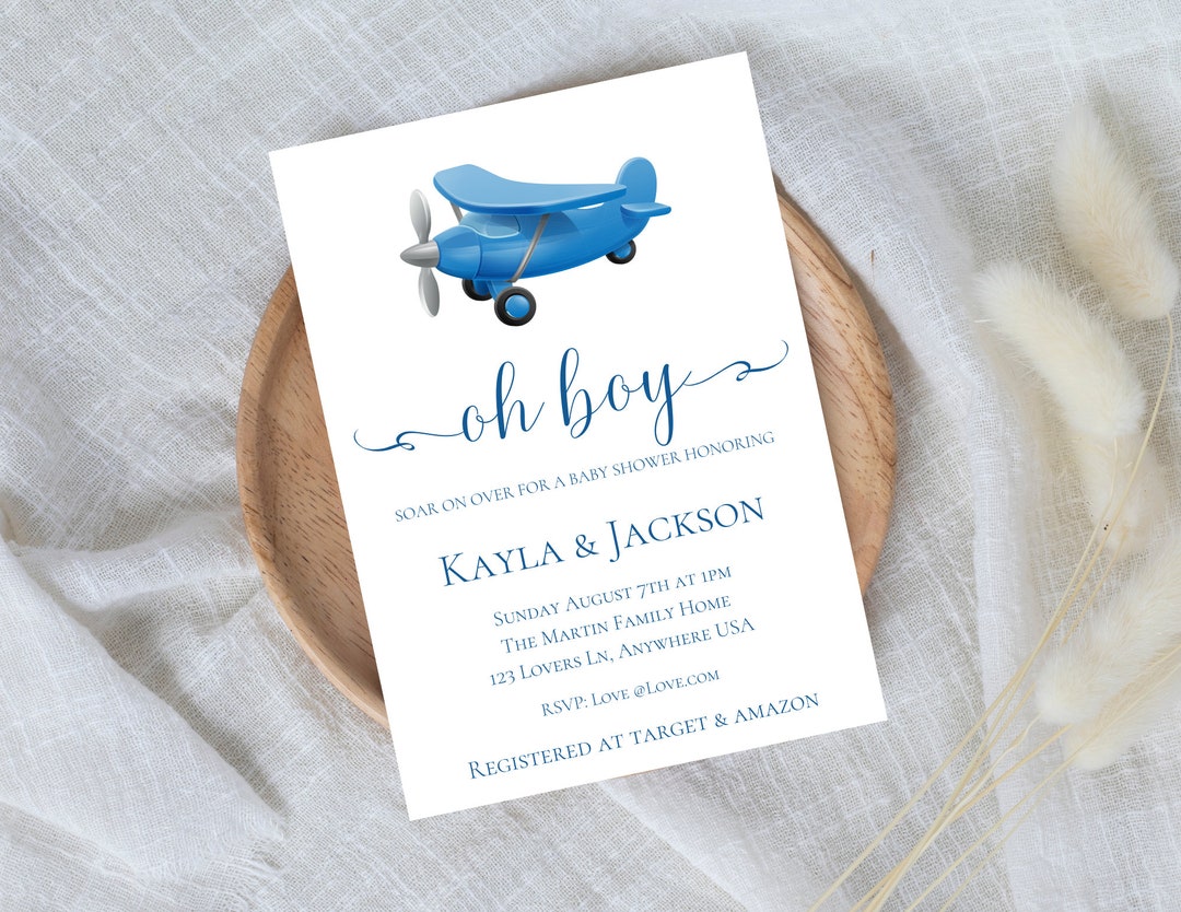 Blue Airplane Baby Shower Invitation Template, Oh Boy Invite, Boy Baby ...
