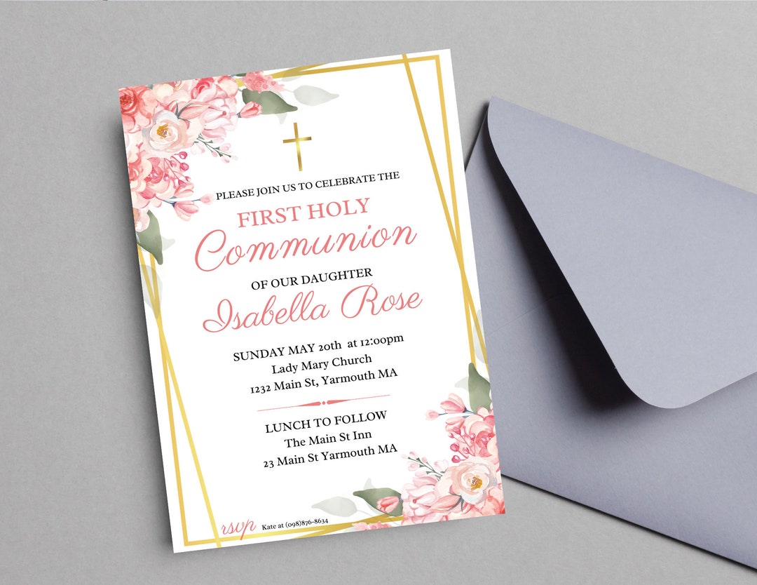 Pink First Holy Communion Invitation Template, Pink Watercolor ...