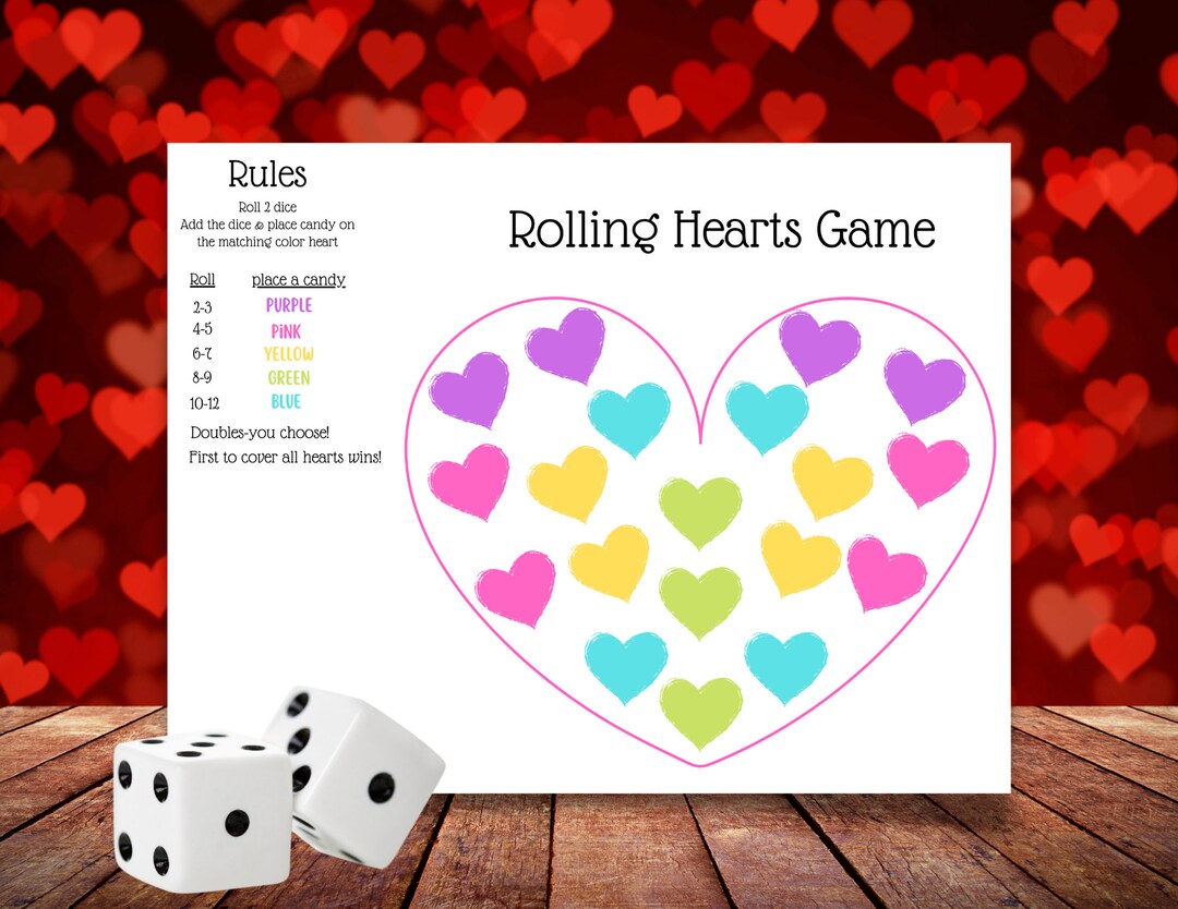 Rolling Hearts Game, Valentines Day Game, Printable Valentines Day Game ...