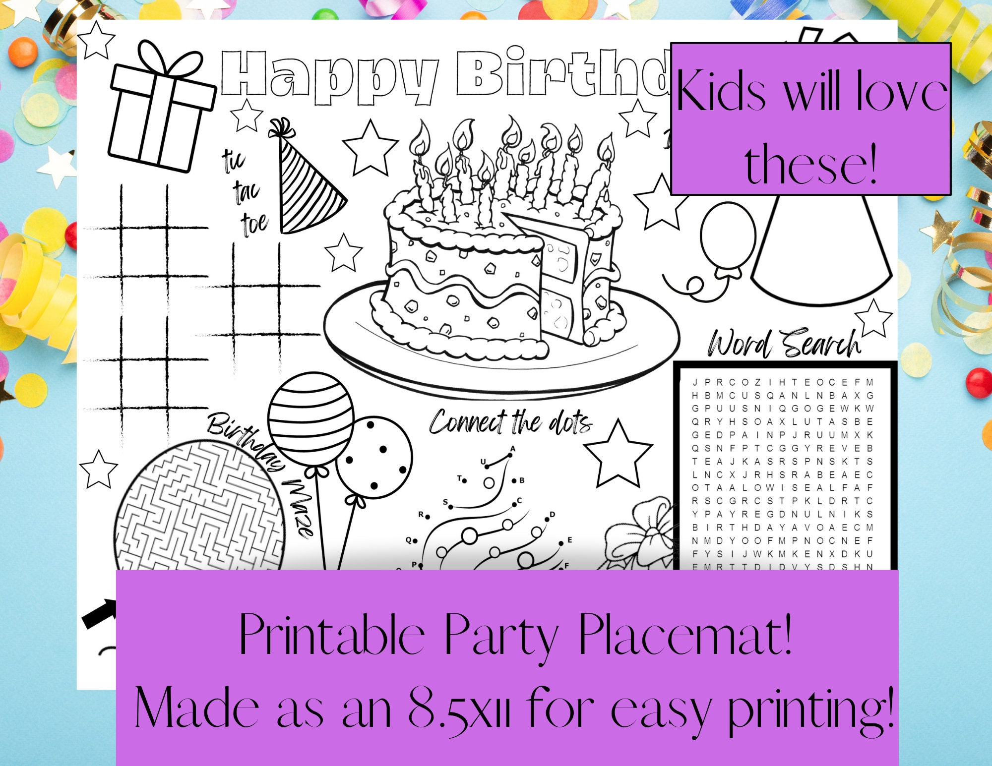 Kids Birthday Party Placemat Activity Sheet,birthday Favor Printable ...