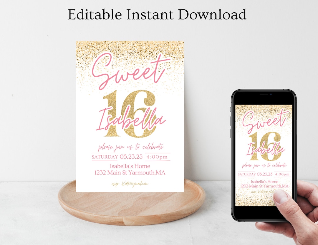 Digital Sweet Sixteen Birthday Electronic Invitation, 16th Editable ...