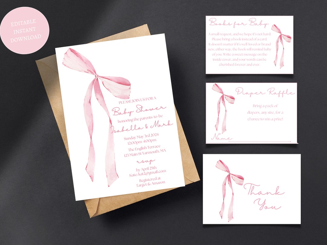 EDITABLE Pink Bow Invitation for Baby Shower, Minimalist Baby Shower ...