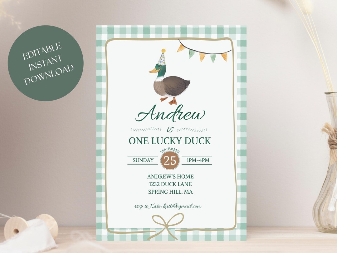 One Lucky Duck Birthday Invitation Template, Editable Boy 1st Birthday ...