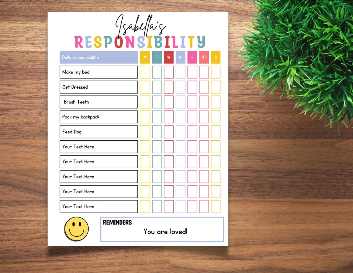 Responsibility Chore Chart for Kids Fully Editable Daily - Etsy