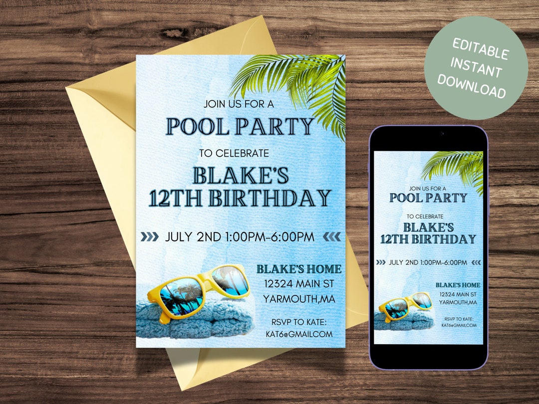 Tween Teen Teenage Boys B-day | Pool Party Invite | Editable Template ...