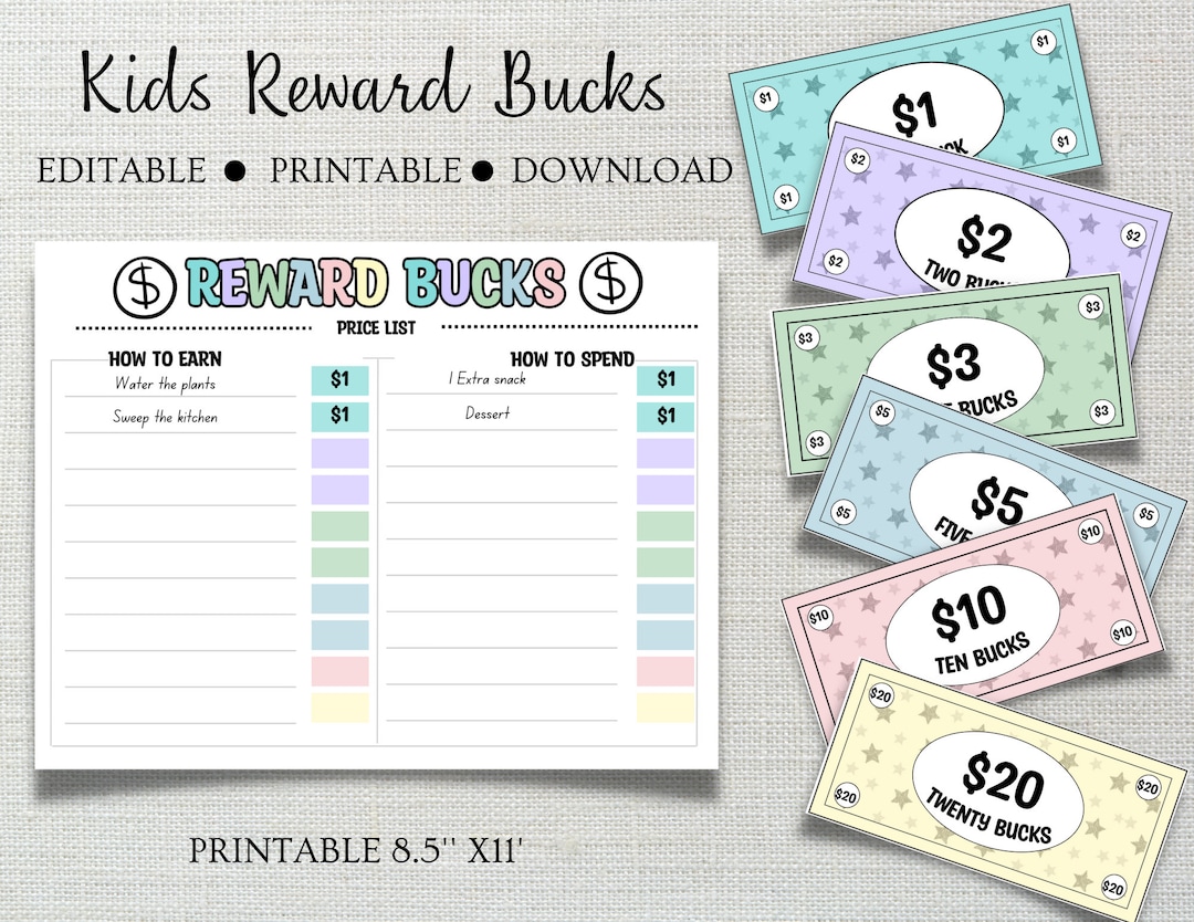 Editable Kids Reward Bucks | Printable | Mom Bucks, Reward System for ...