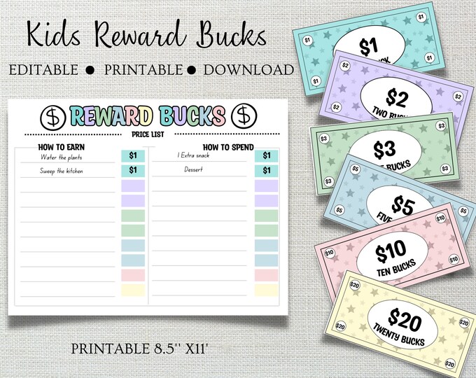 Editable Kids Reward Bucks | Printable | Mom Bucks, PDF Reward System ...