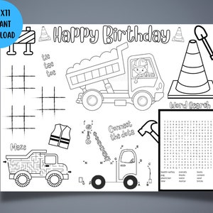 CONSTRUCTION Birthday Printable Placemat Activity ,birthday Coloring ...