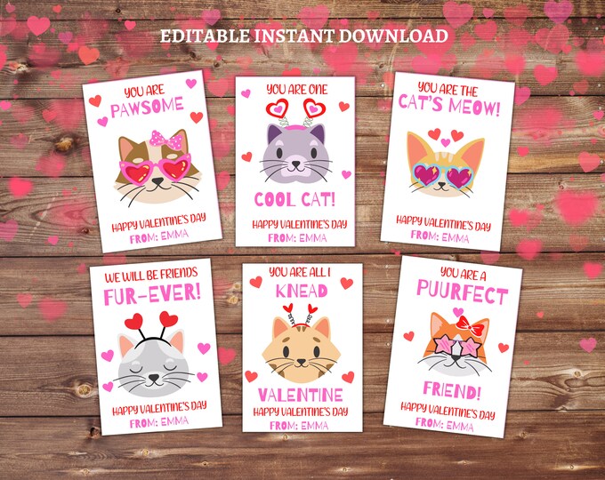 Printable Cat Valentine's Day Cards, Classroom Valentine's Day Cards ...