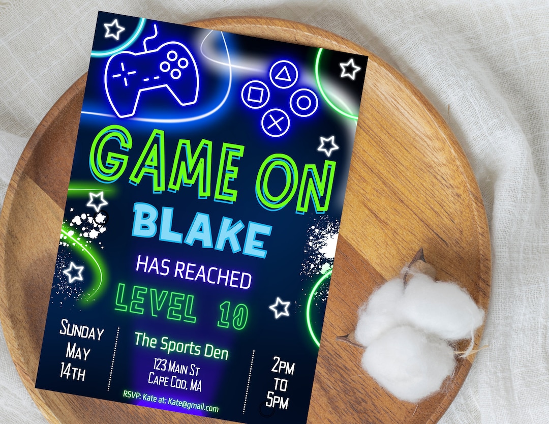 Editable Video Game Birthday Invitation Boy Gamer Birthday Party Neon ...