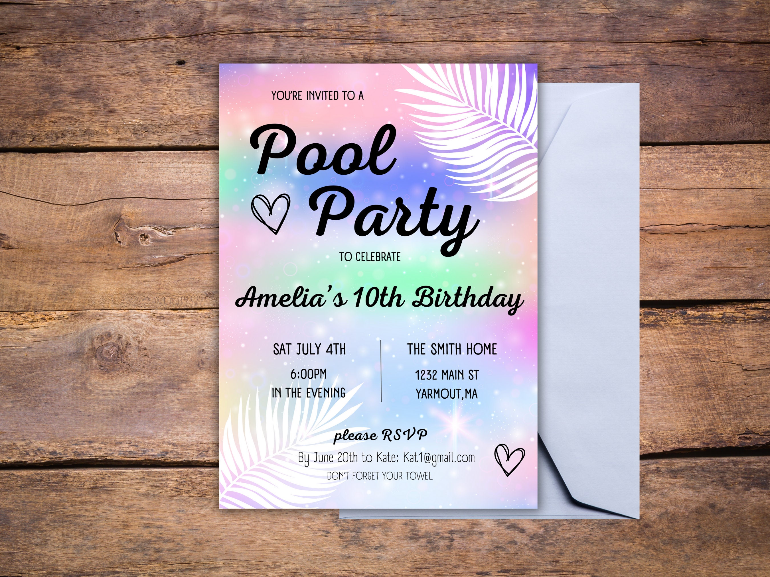 Editable Pool Party Invitation Template Pastel Rainbow Pool Birthday ...