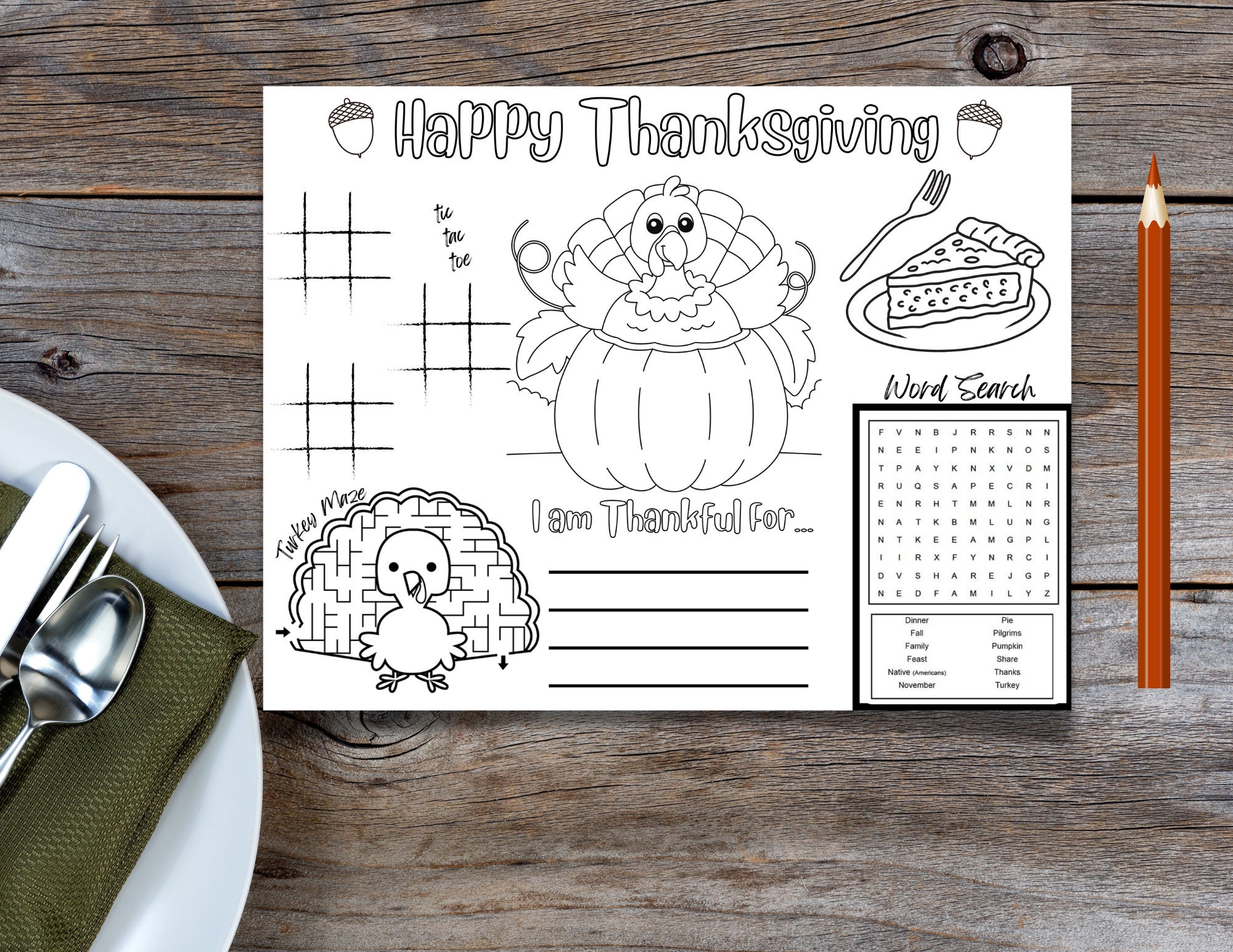 Thanksgiving Coloring Sheet PRINTABLE Placemat dinner Table - Etsy