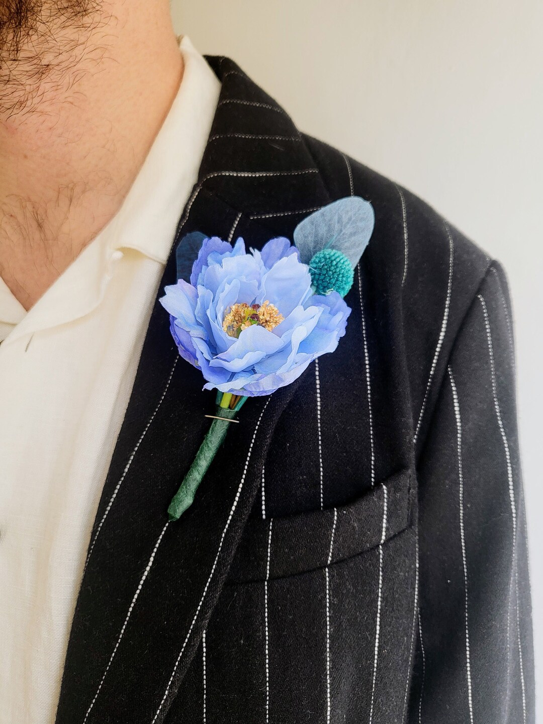 Blue Peony Boutonniere: Faux Flower & Dried Billy Ball, Handmade - Etsy