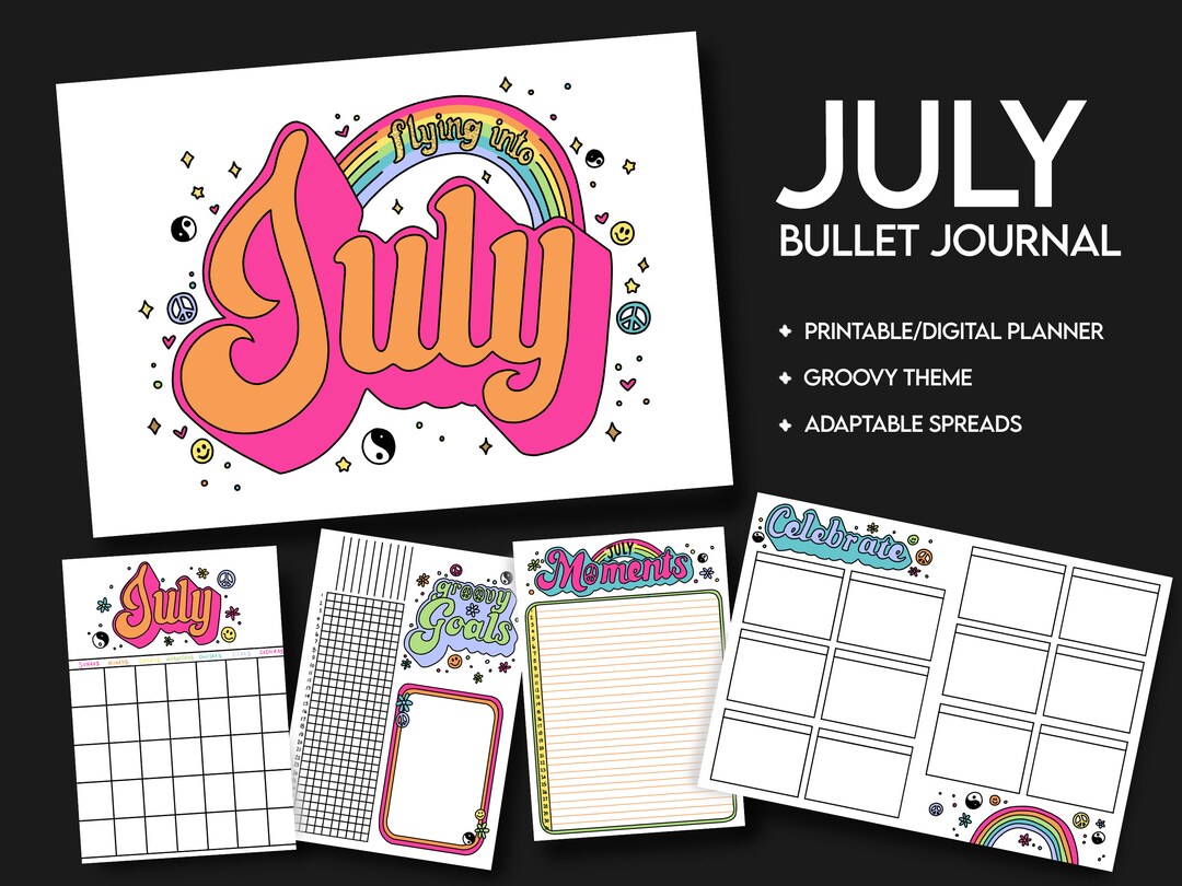 July 2025 Bulleted Journal Digital Download Full Color | Groovy Themed ...