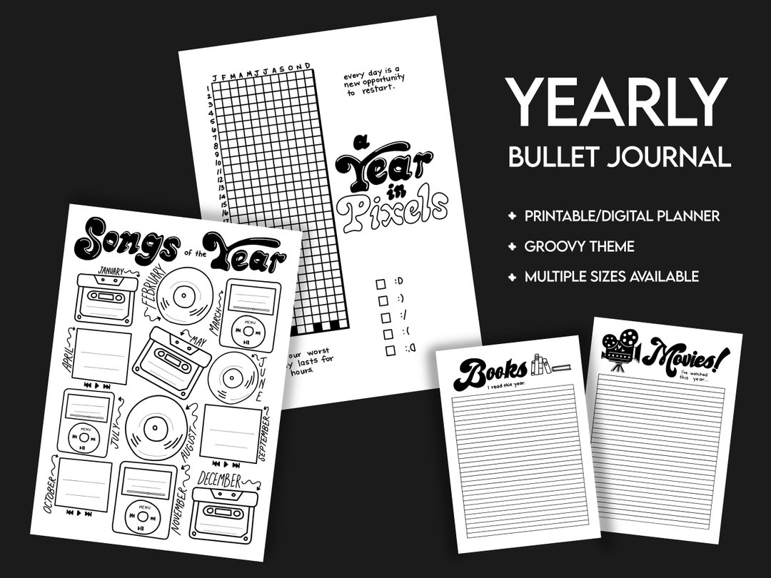Yearly Bulleted Journal Digital Download Black & White | Groovy Theme ...