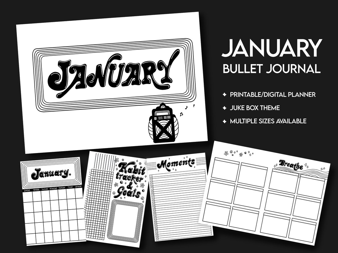 January 2025 Bulleted Journal Digital Download Black & White | Groovy ...