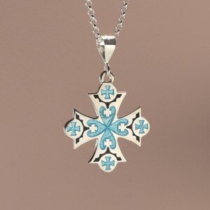 Blue Enamel Cross Necklace, Silver Cross Pendant, Cloisonne Enamel ...