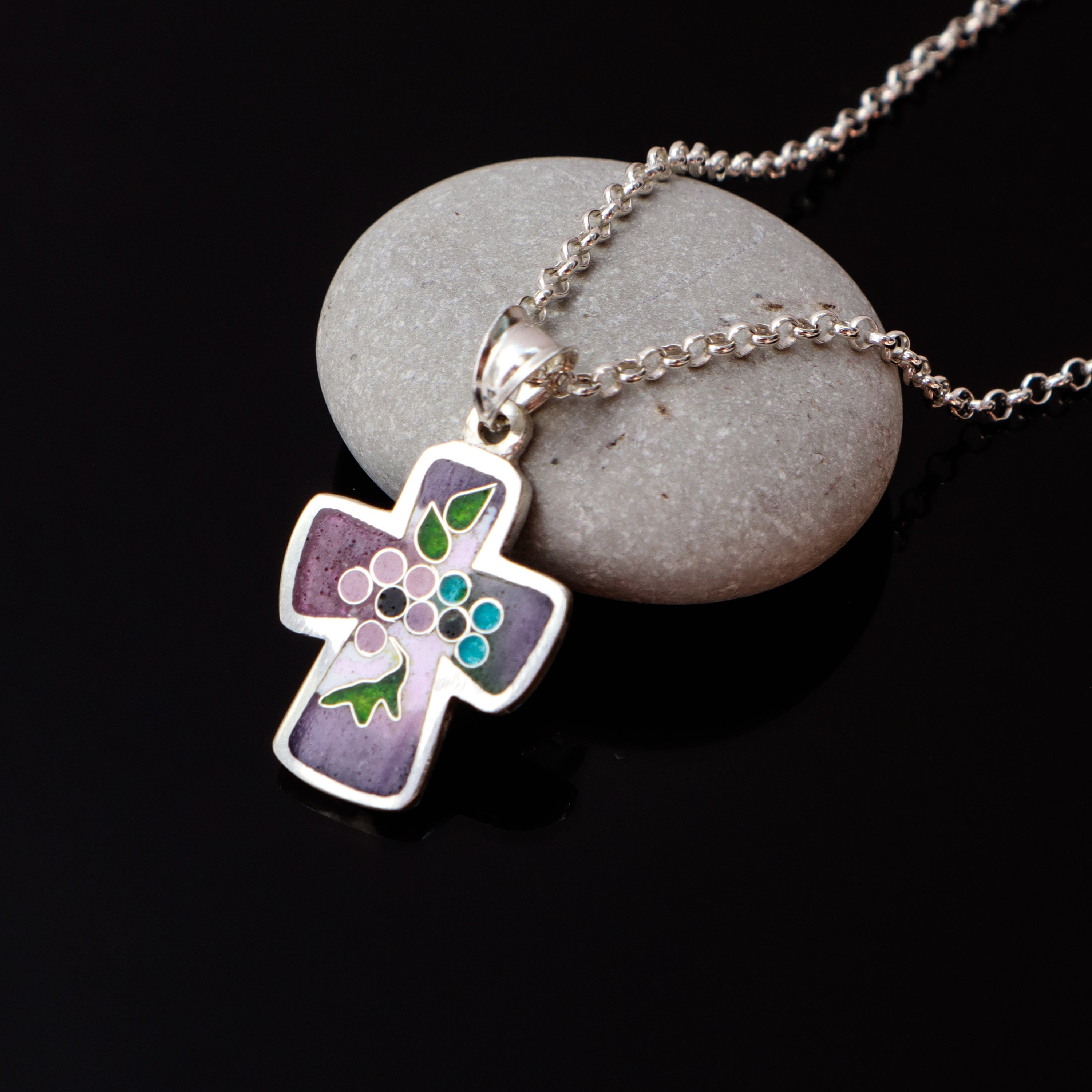 Floral Cloisonne Cross Necklace, Silver Cross Necklace, Cross Pendant ...