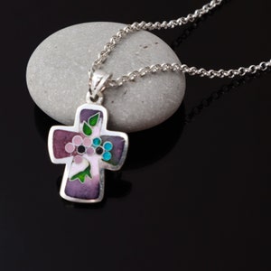 Floral Cloisonne Cross Necklace, Silver Cross Necklace, Cross Pendant ...