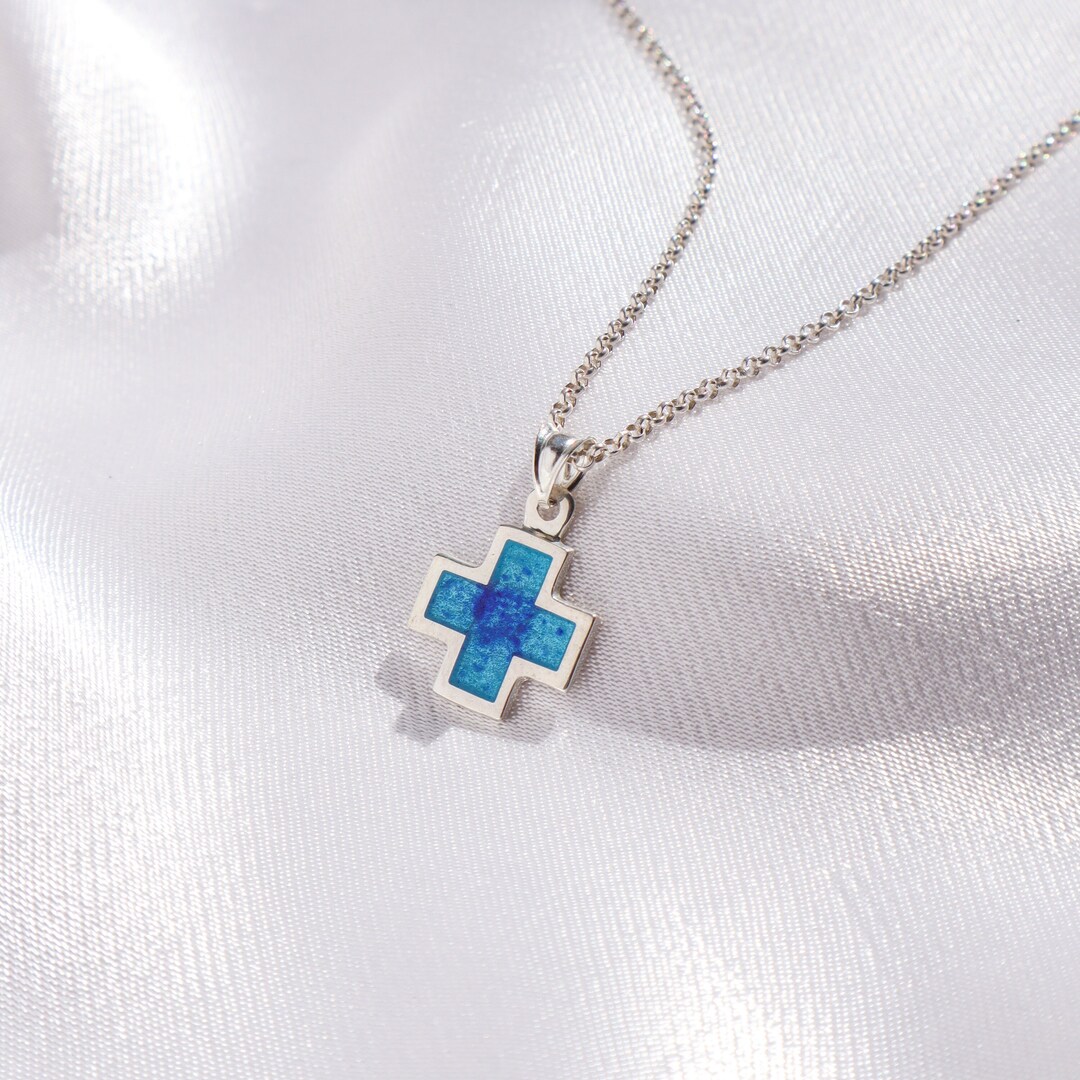 Blue Enamel Cross, Georgian Cloisonne Enamel, Silver Cross Necklace ...