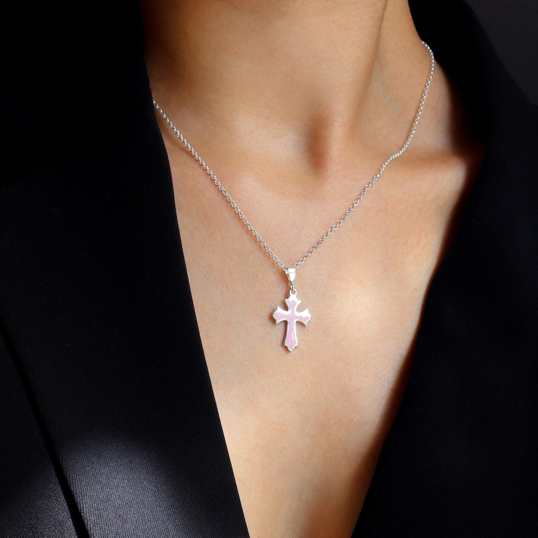 Pink Cross Necklace, Silver Enamel Cross, Orthodox Cross Pendant ...