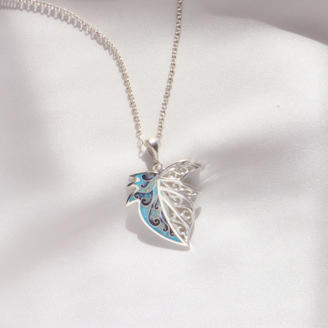 Handmade Leaf Necklace, Cloisonne Jewelry, Blue Leaf Pendant, Silver ...